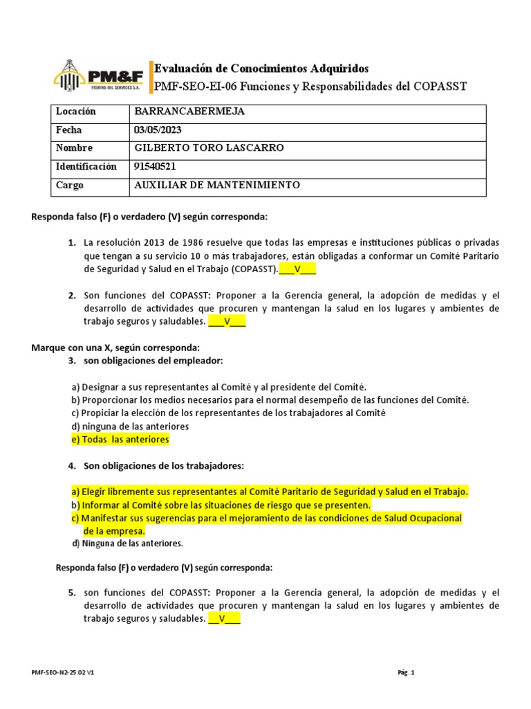 Evaluación Funciones y Responsabilidades Del COPASST | PDF