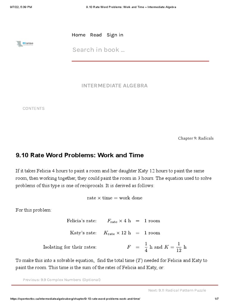 Rate Word Problems - Work and Time - Intermediate Algebra - Anne Joshua ...