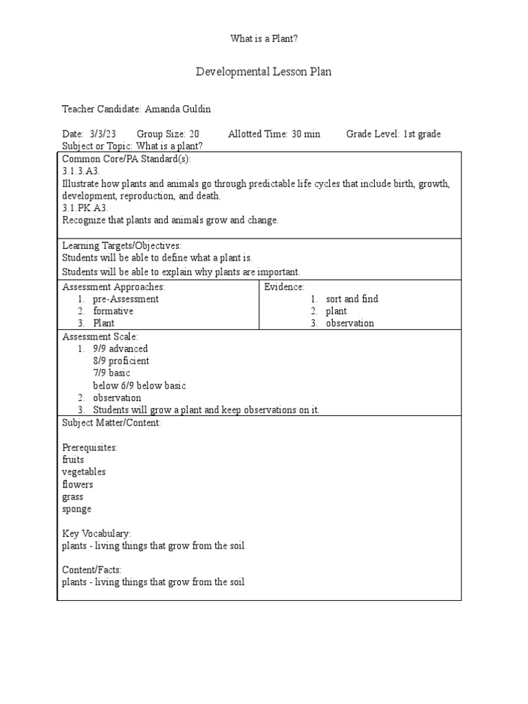 Lesson Plan 1 What Is A Plant | PDF