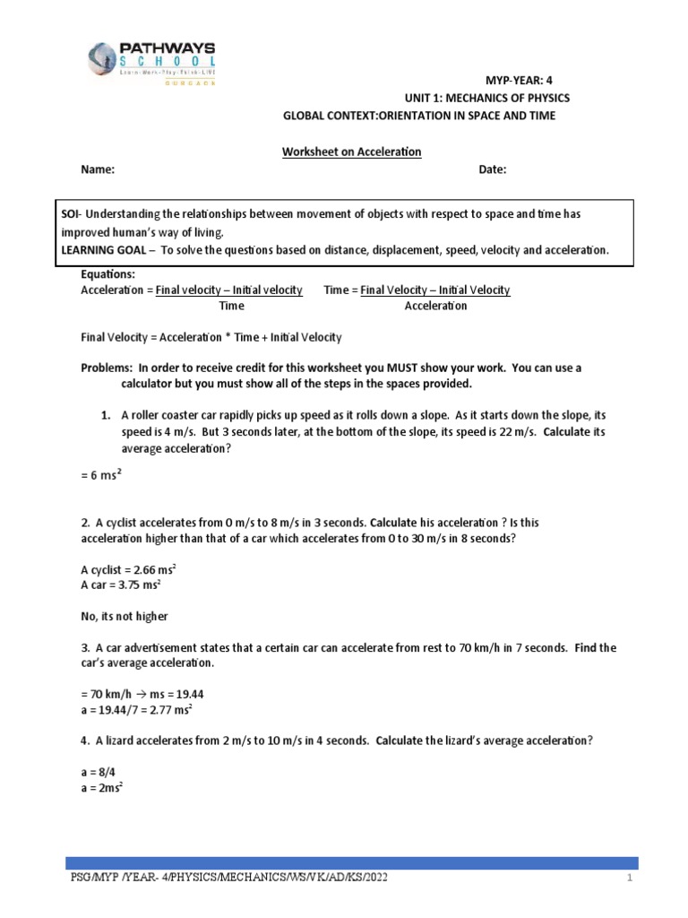 Ws On Accelaration | PDF | Speed | Velocity