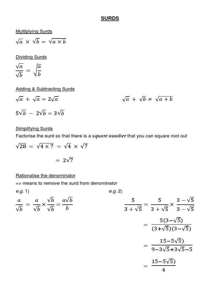 Maths Rules - Surds Quadratics PDF | PDF | Quadratic Equation | Arithmetic