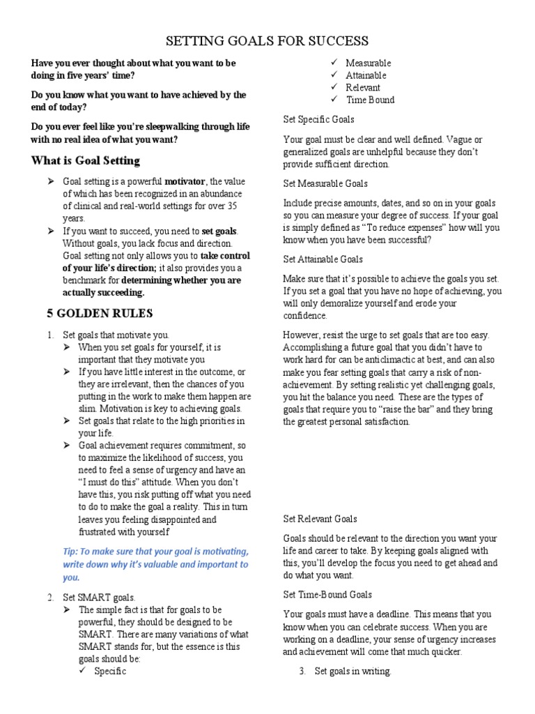 Setting Goals For Success | PDF | Self Efficacy | Goal