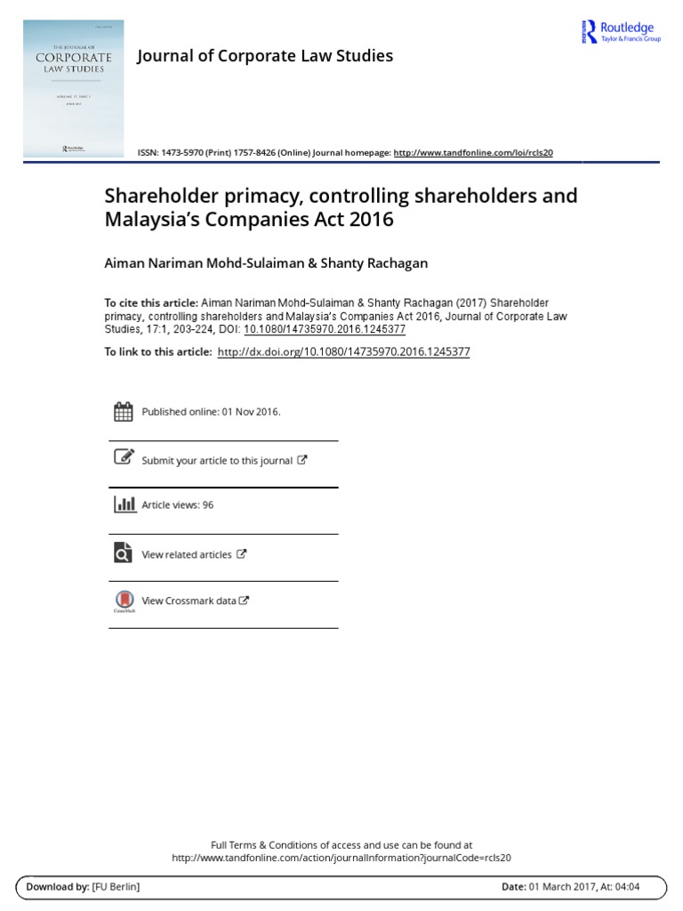 Shareholder Primacy, Controlling | PDF | Ratification | Corporate Law