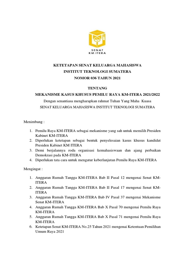 Tap - 036 - Mekanisme Kasus Khusus Pemilu Raya Km-Itera 2021-2022 | PDF ...