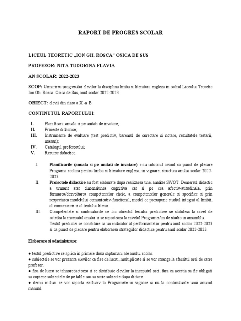 Raport de Progres Scolar | PDF