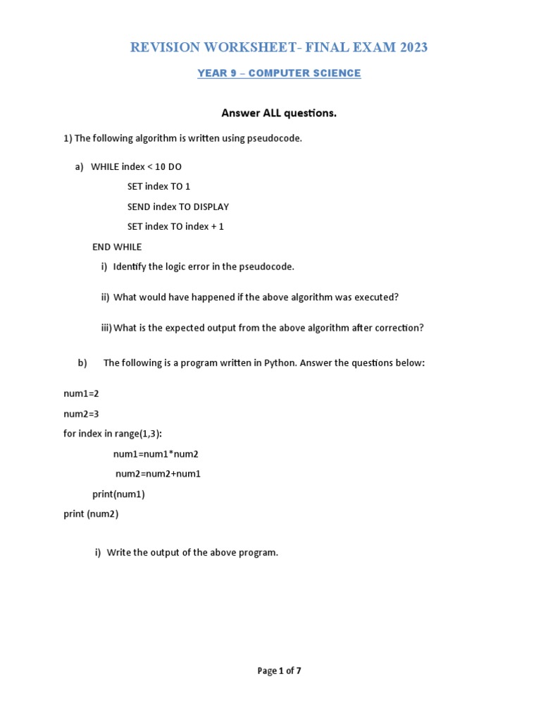 Year 9CS - Revision Worksheet | PDF | Algorithms | Information