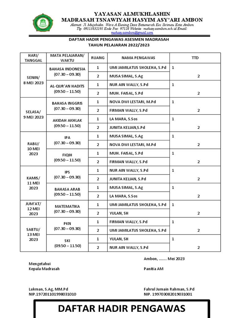 9 Daftar Hadir Pengawas AM 2022-2023 | PDF