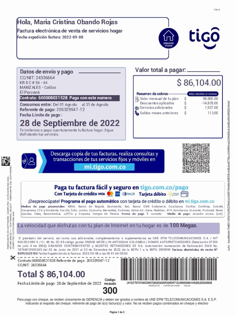 Hola, Maria Cristina Obando Rojas: Datos de Envío y Pago | Descargar gratis PDF | Servicios ...