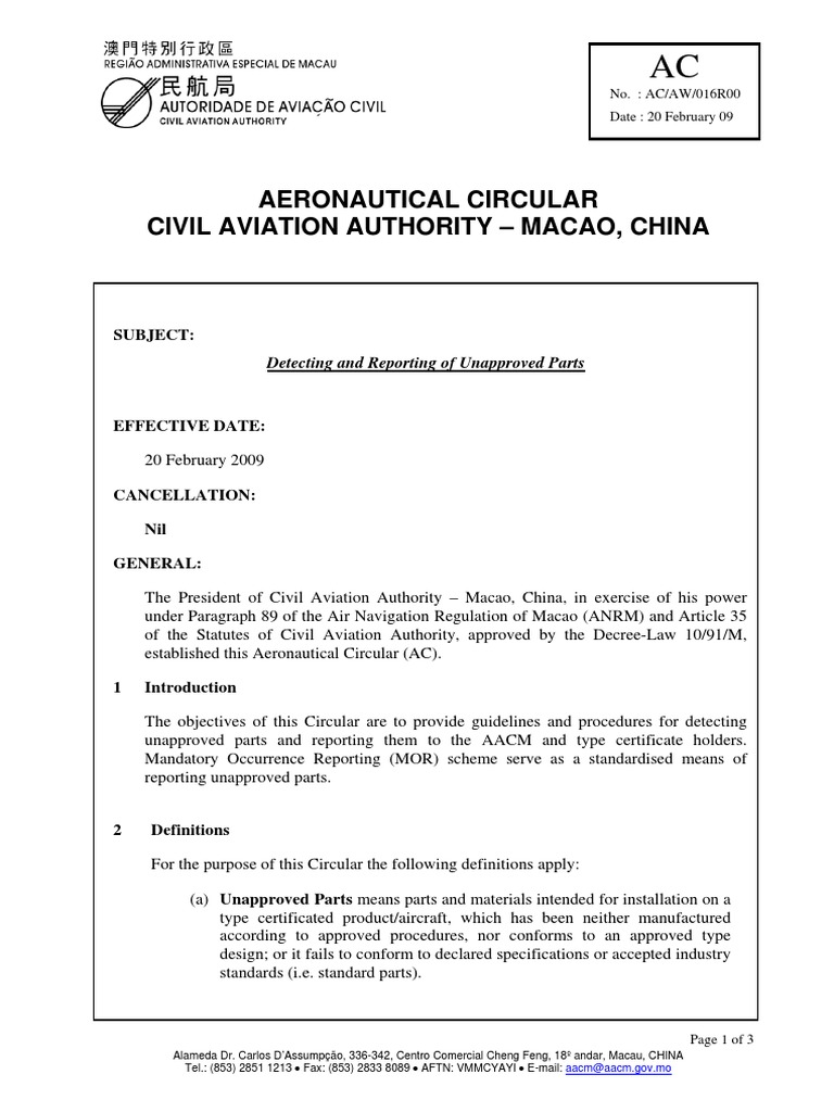 Aeronautical Circular Civil Aviation Authority - Macao, China | PDF
