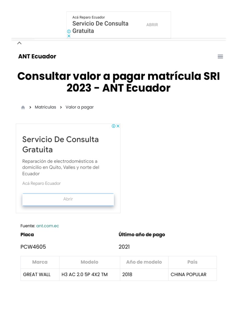 Consultar Valor A Pagar Matrícula SRI 2023 - ANT Ecuador | PDF