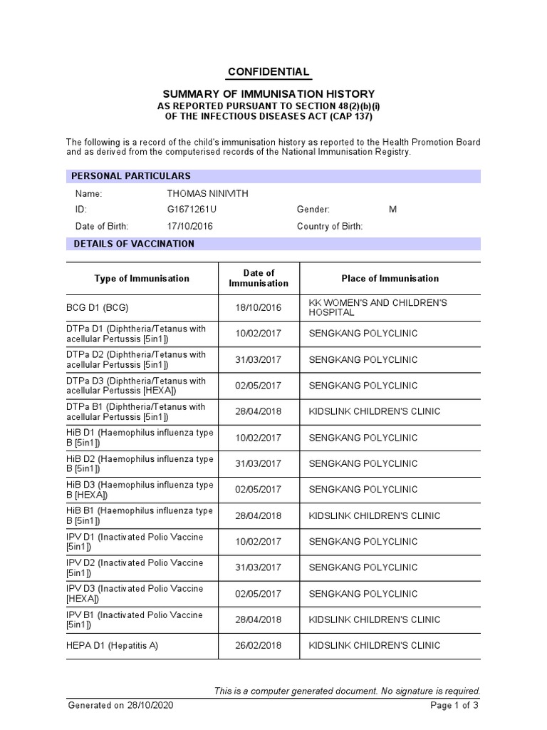 Child Immunization Record Summary | PDF | Diseases And Disorders ...