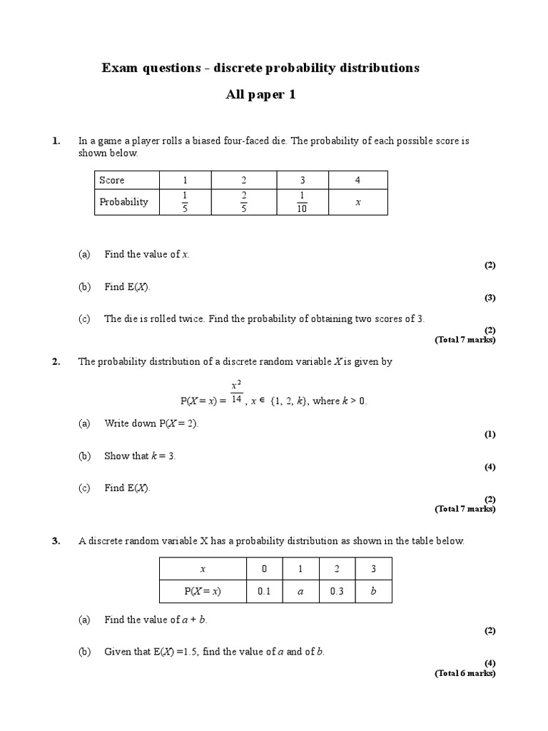 Exam Questions Discrete Probability Distributions | PDF | Probability Distribution | Scientific ...