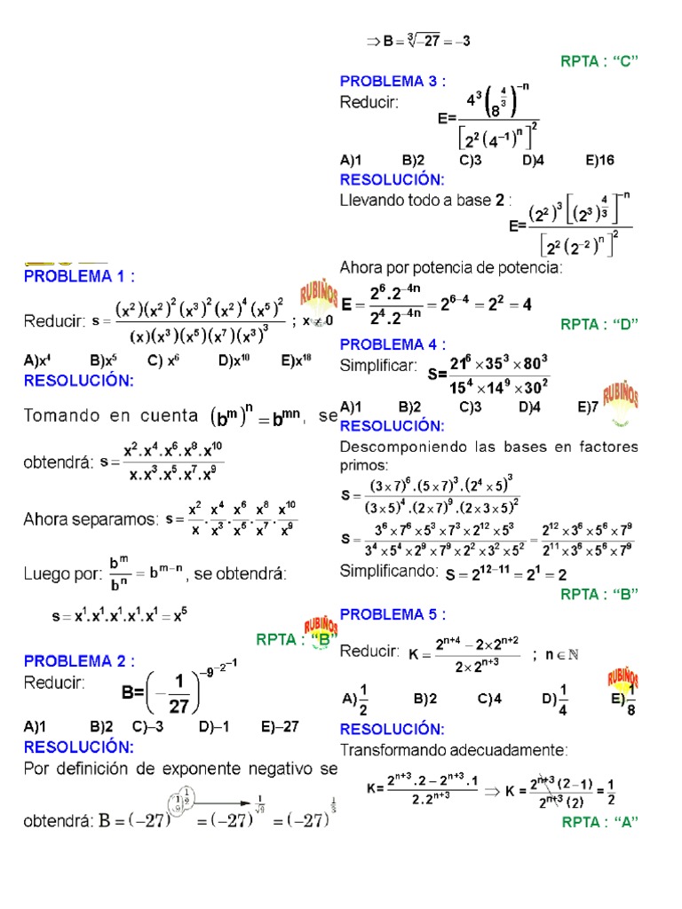 ejercicios teoria de exponentes resueltos | PDF