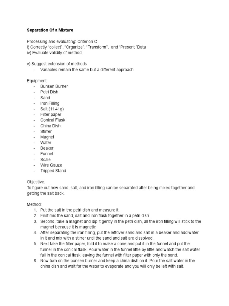 Separating Sand, Salt, and Iron Filings | PDF | Water | Salt