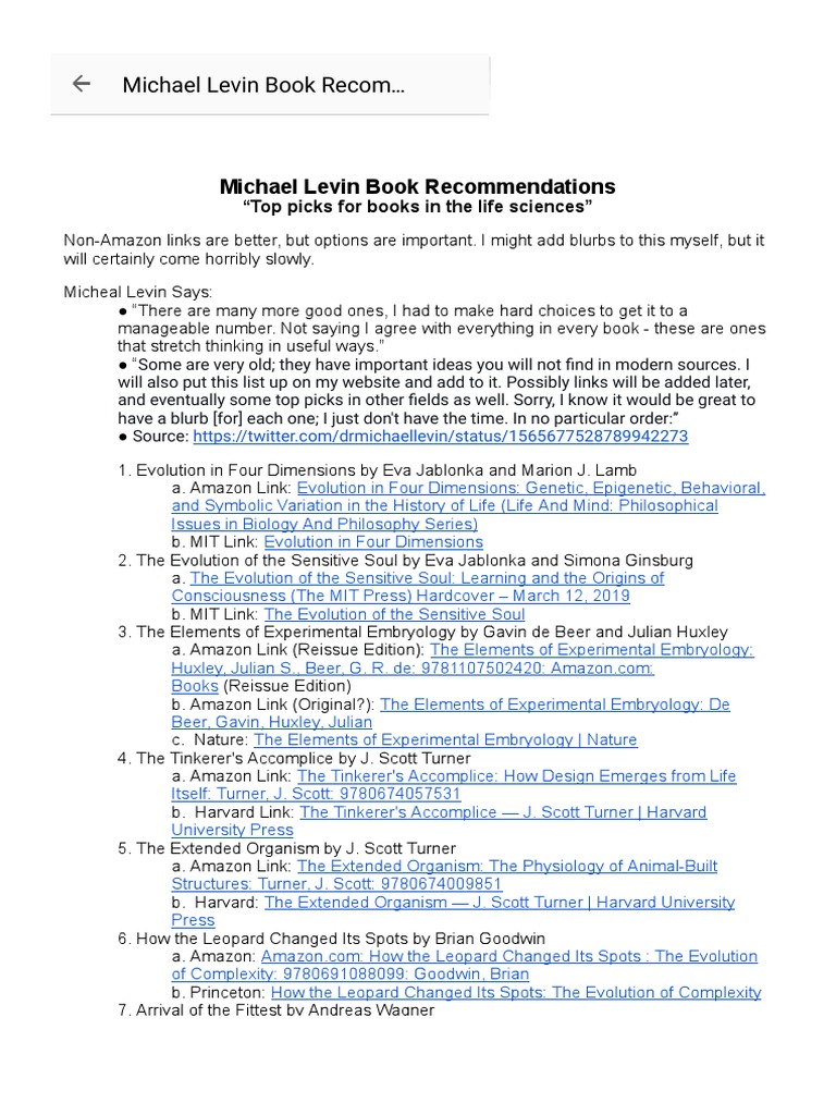 Michael Levin Book Recommendations | PDF | Biological Evolution ...