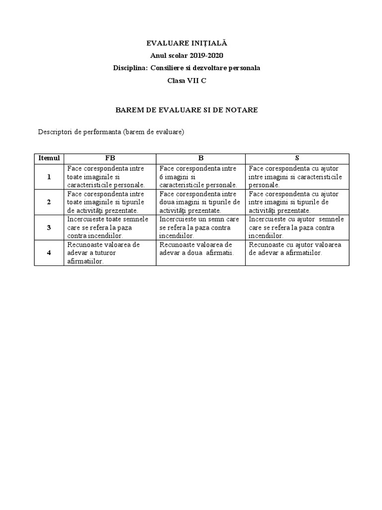 Barem de Evaluare Si Notare-Consiliere Si Dezvoltare Personala2019-2020-Barbu | PDF