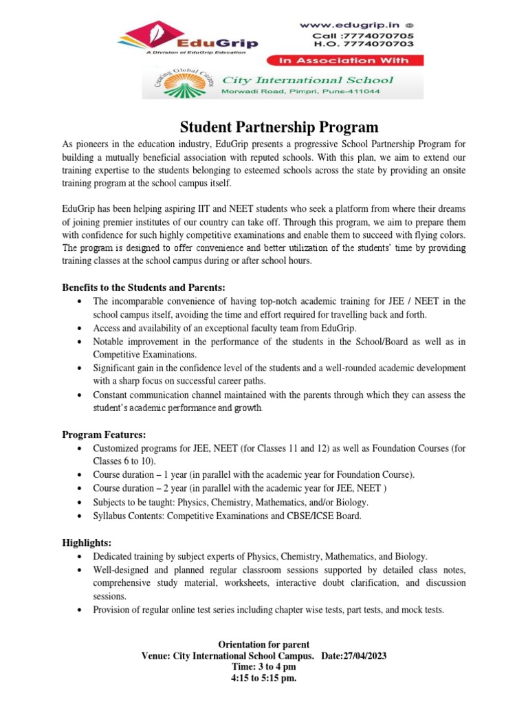 Student Partnership Program (Parent and Student) - City | PDF