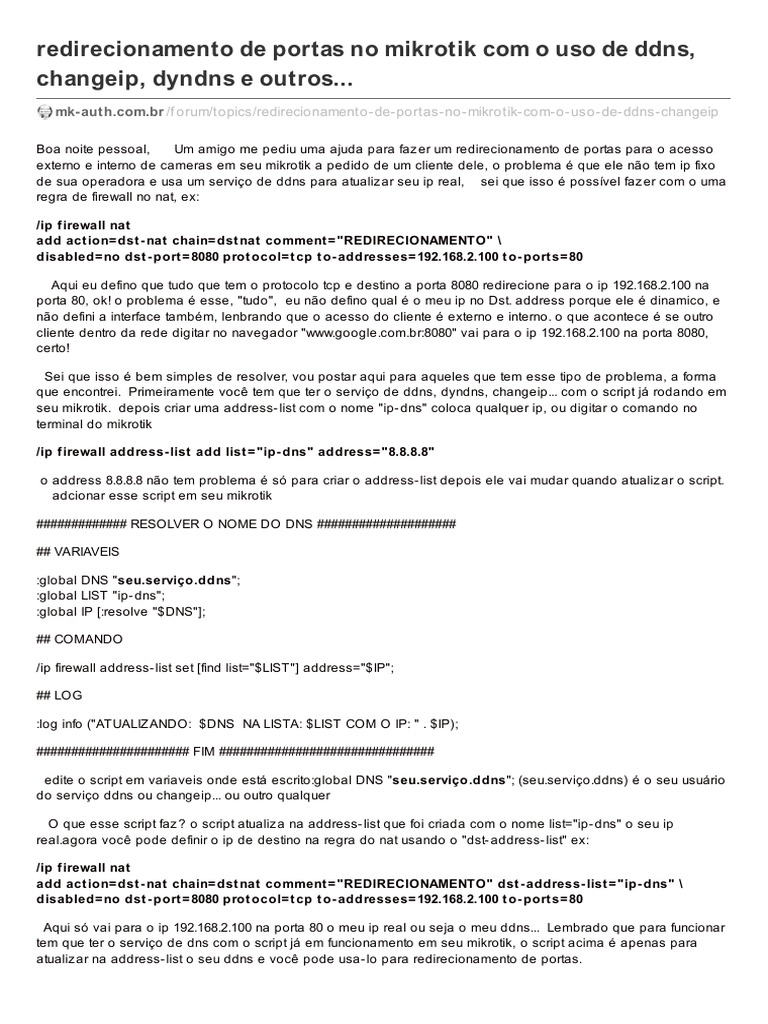 Redirecionamento de Portas No Mikrotik Com o Uso de Ddns Changeip Dyndns e Outros | PDF ...