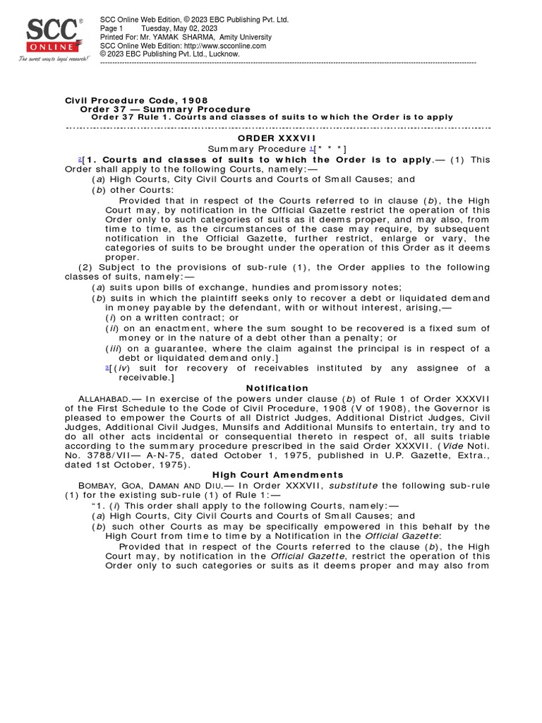 Civil Procedure Code 1908 Order 37 Rule 1 Yamaksharma Samityedu ...