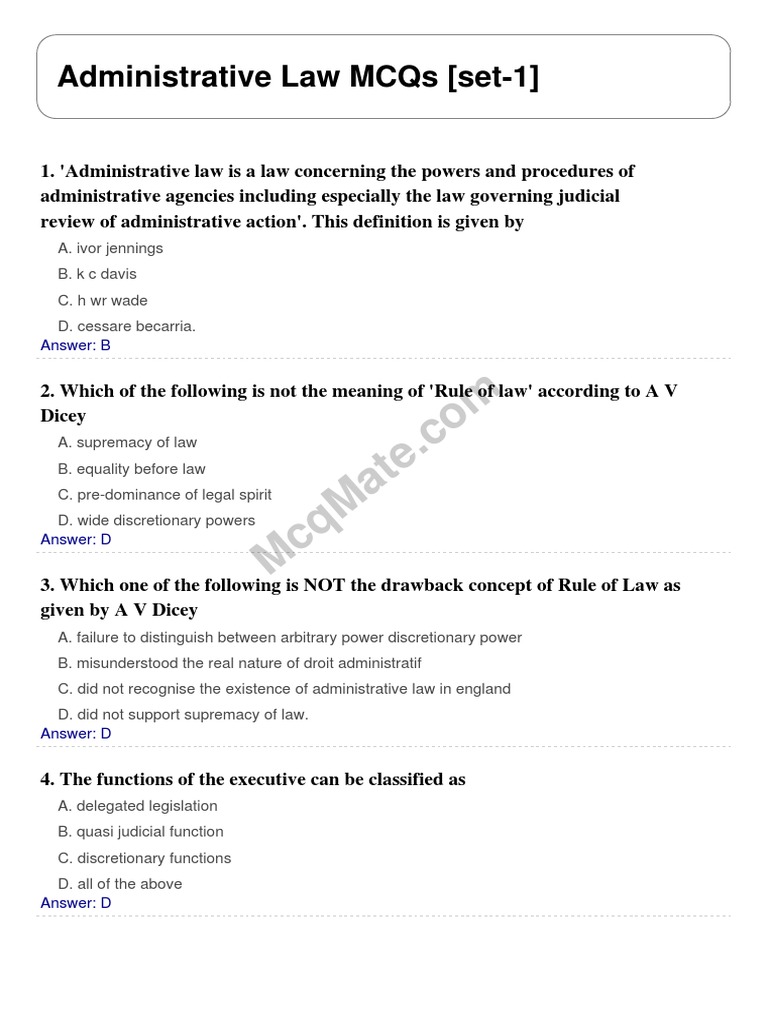 Administrative Law Solved MCQs [set-1] McqMate.com | PDF | Administrative Law | Rule Of Law