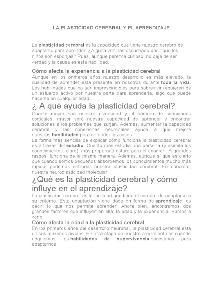 La Plasticidad Cerebr El Aprendizaje Texto para Docente | PDF | Las emociones | Cerebro