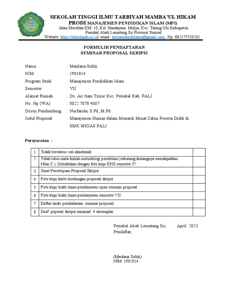 Formulir Pendaftaran Sempro | PDF