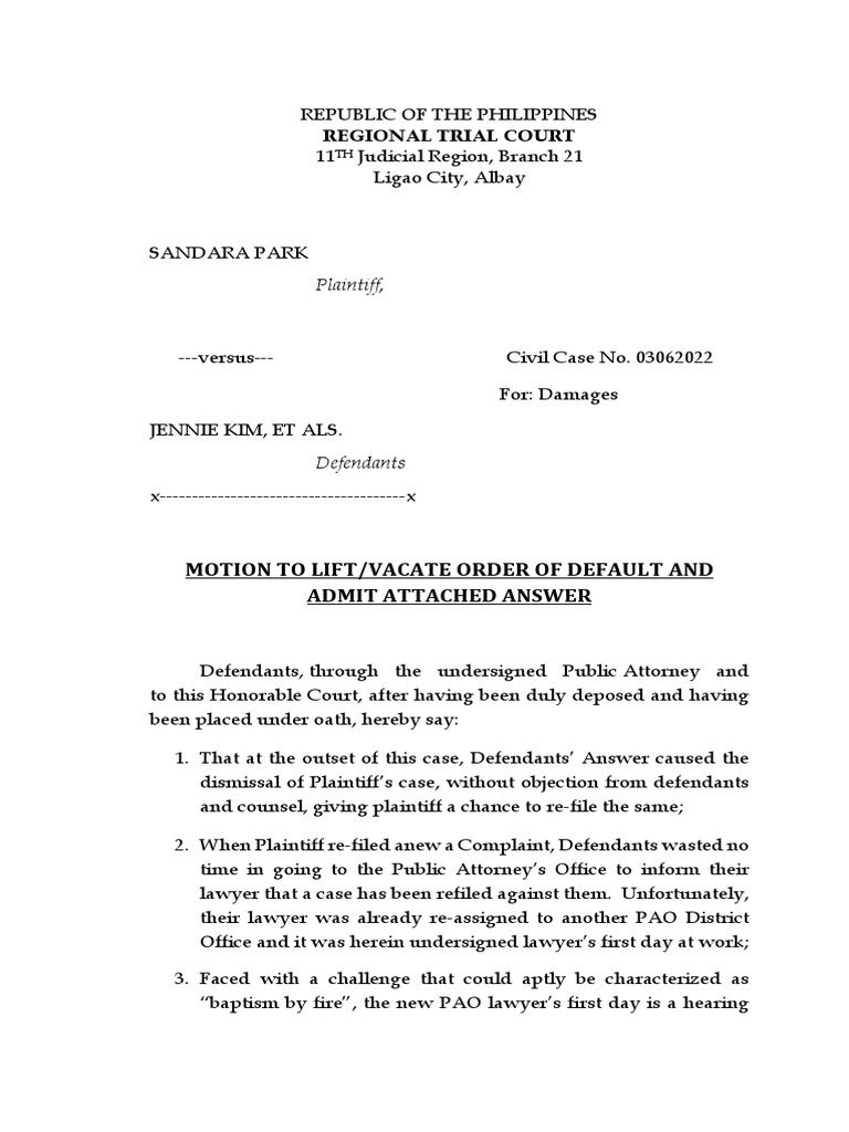 Motion To Lift Order of Default | Download Free PDF | Complaint | Legal ... Motion To Lift Order of Default | Download Free PDF | Complaint | Legal ...
