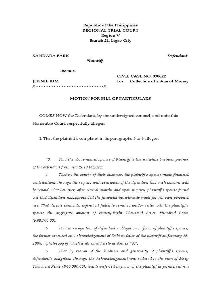 Motion For Bill of Particulars | PDF | Complaint | Lawsuit