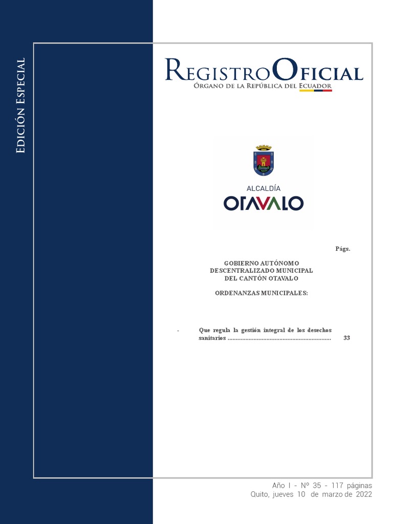 Reg. Of. Edición Especial No 35 Que Regula La Gestion Integral de Los Desechos Sanitarios | PDF ...