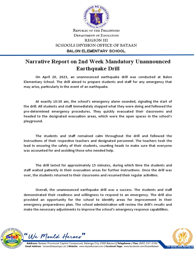 Narrative Report On 2nd Week Mandatory Unannounced Earthquake Drill | PDF