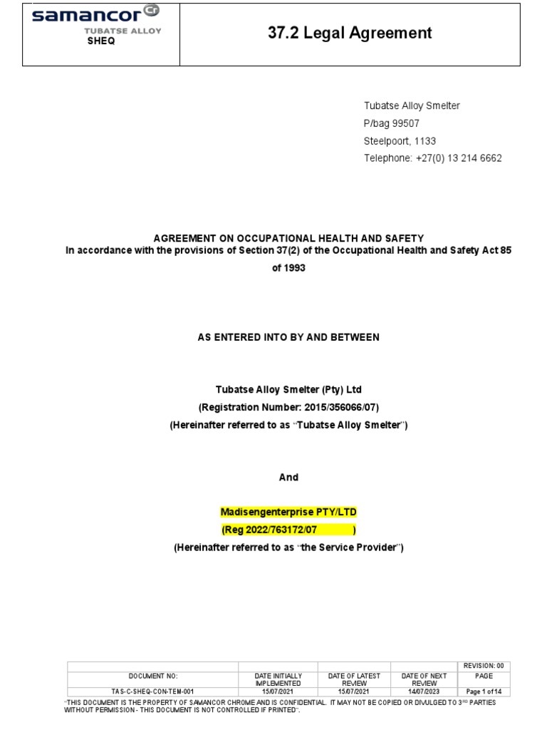 TAS-C-SHEQ-CON-TEM-001 37.2 Legal Agreement | PDF | Occupational Safety ...