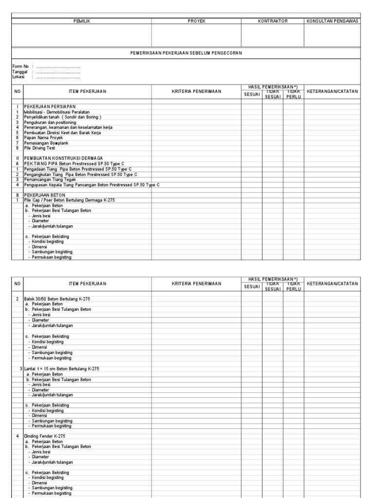 Form Checklist Sebelum Pengecoran | PDF