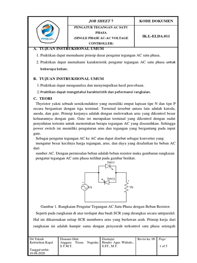 Job Sheet VII_PENGATUR TEGANGAN AC SATU PHASA | PDF