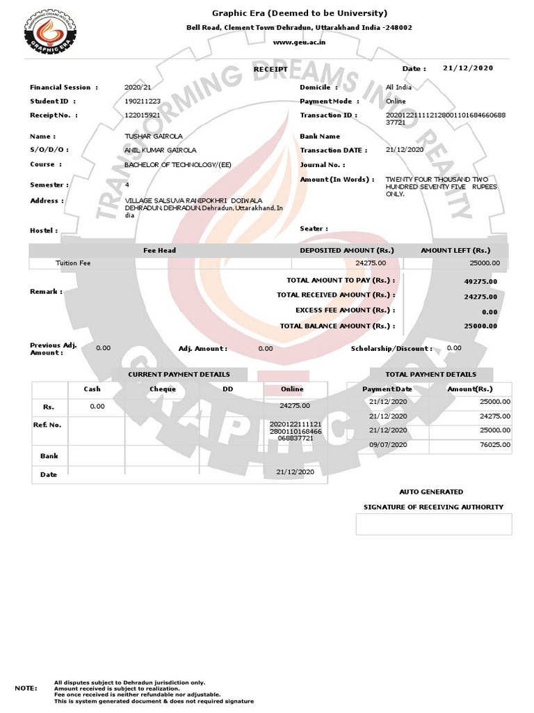Student Fee Receipt GEU | PDF | Payments | Receipt