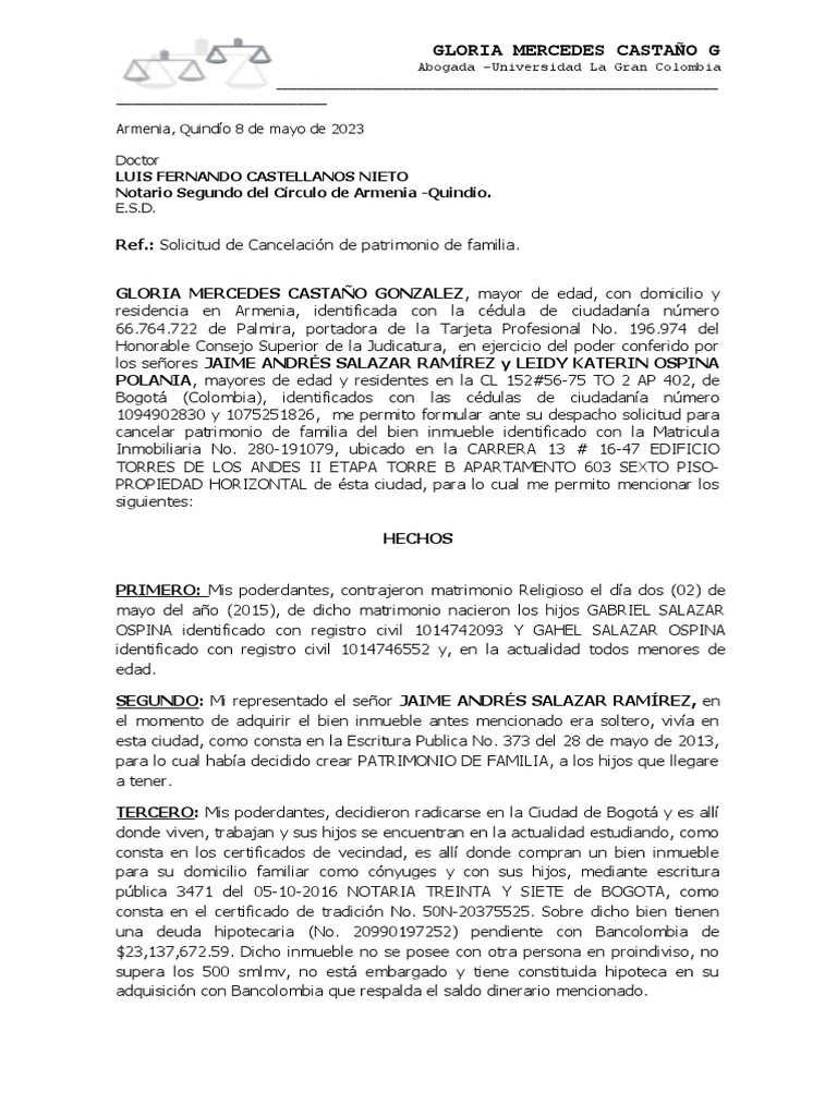 Solicitud Cancelación Patrimonio Familia Armenia CORREGIDA | PDF | Justicia | Crimen y violencia