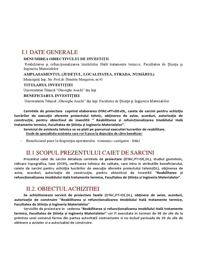 Caiet Sarcini Proiect Documentatie Tehnica | PDF