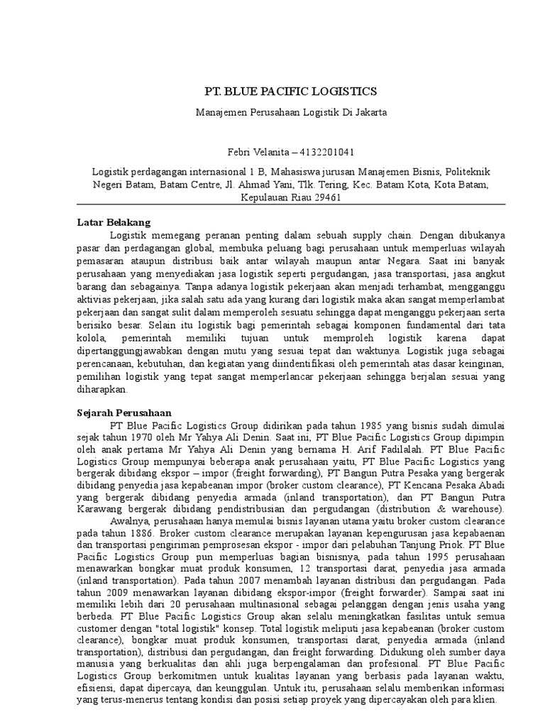 Manajemen PT Blue Pacific Logistics | PDF | Bisnis