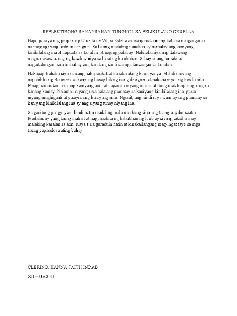 Replektibong Sanaysanay Tungkol Sa Pelikulang Cruella | PDF