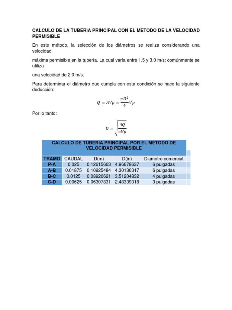 Calculo de La Tuberia Principal Con El Metodo de La Velocidad ...