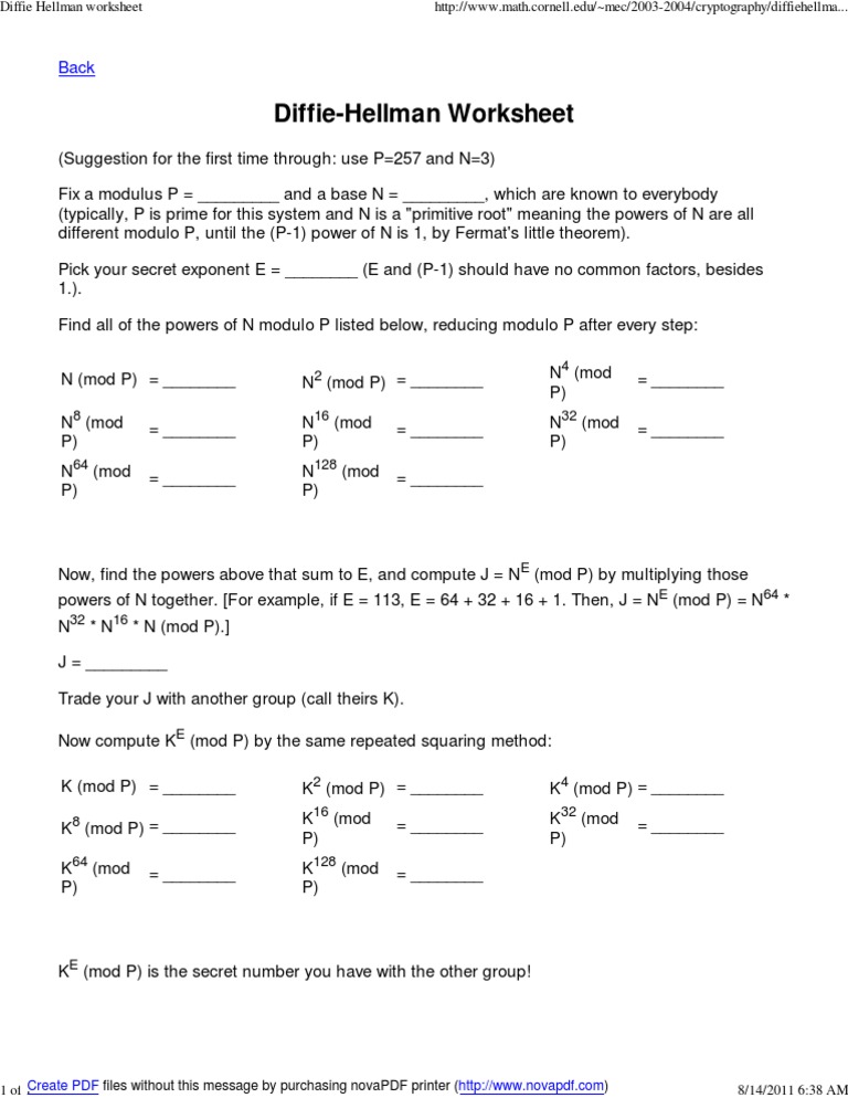 Diffie Hellman Worksheet | PDF | Ring Theory | Applied Mathematics