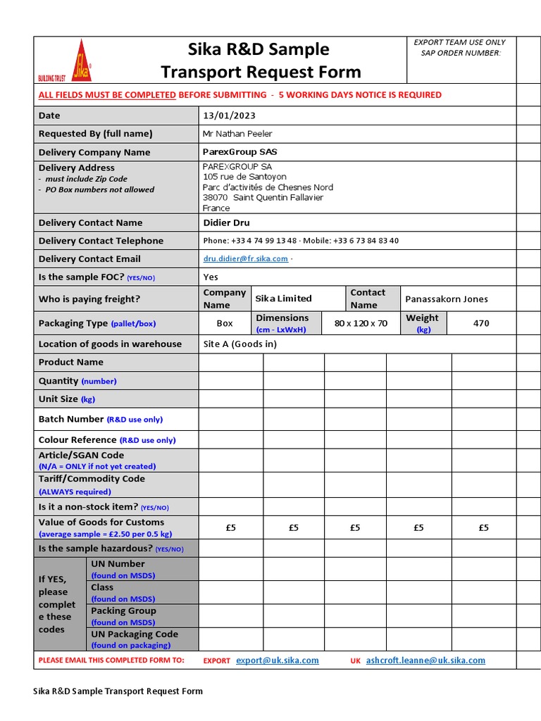 2-Sika RD Sample Transport Request Form_WGC to Sika Lyon | PDF ...