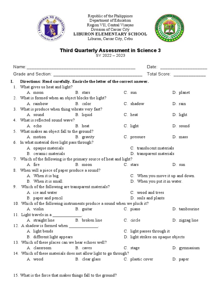 Grade 3 Science Quarterly Test 3 | PDF | Sound | Force