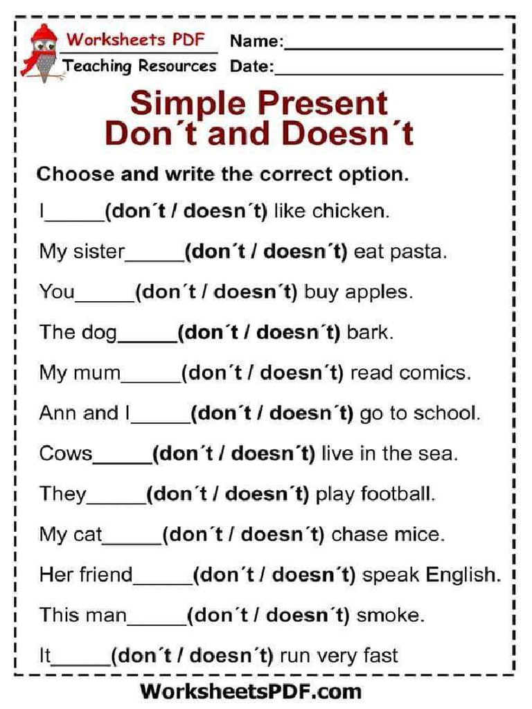 Ejercicio Ingles Present Simple Dont y Doesnt | PDF