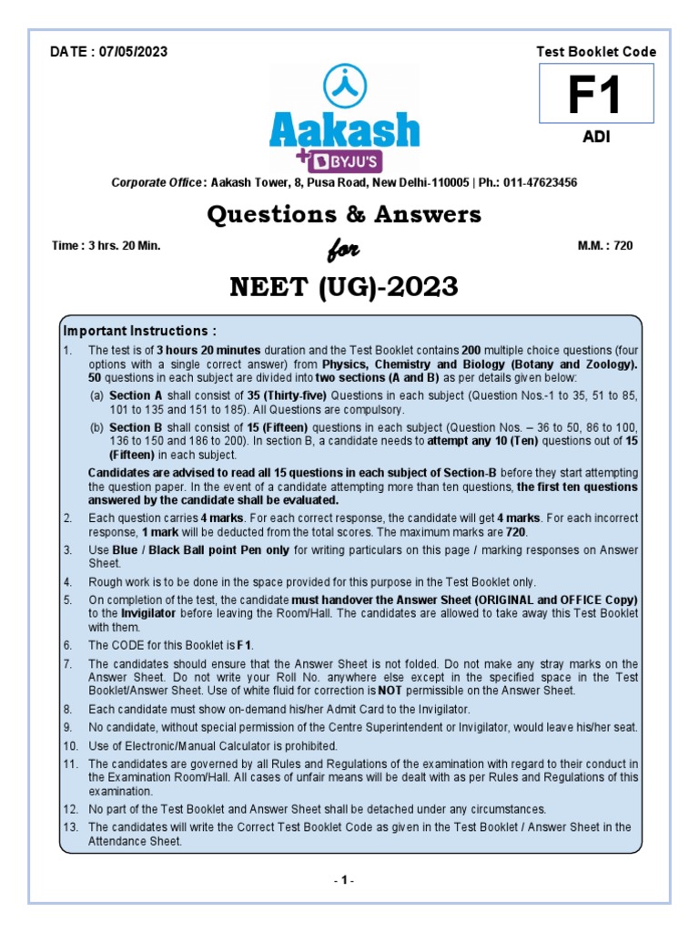Qs and Ans - NEET 2023 - Code F1 - Final PDF | PDF
