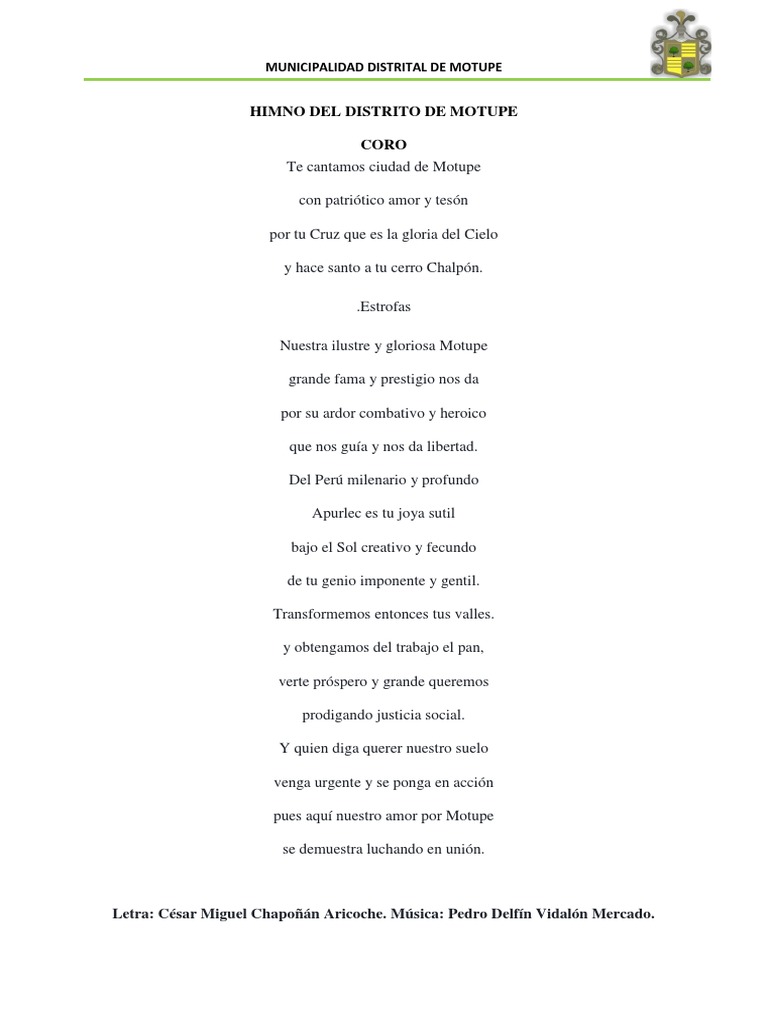 Himno Del Distrito de Motupe PDF | PDF