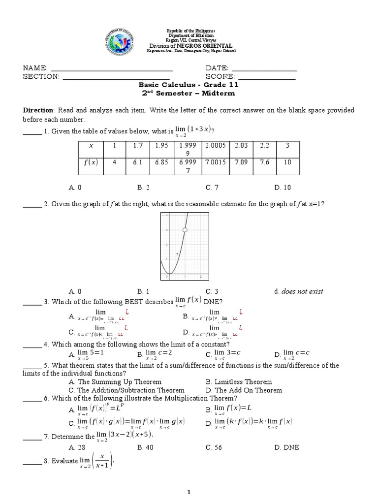 Basic Calculus 11 - 3rd Quarter Assessment | PDF Basic Calculus 11 - 3rd Quarter Assessment | PDF