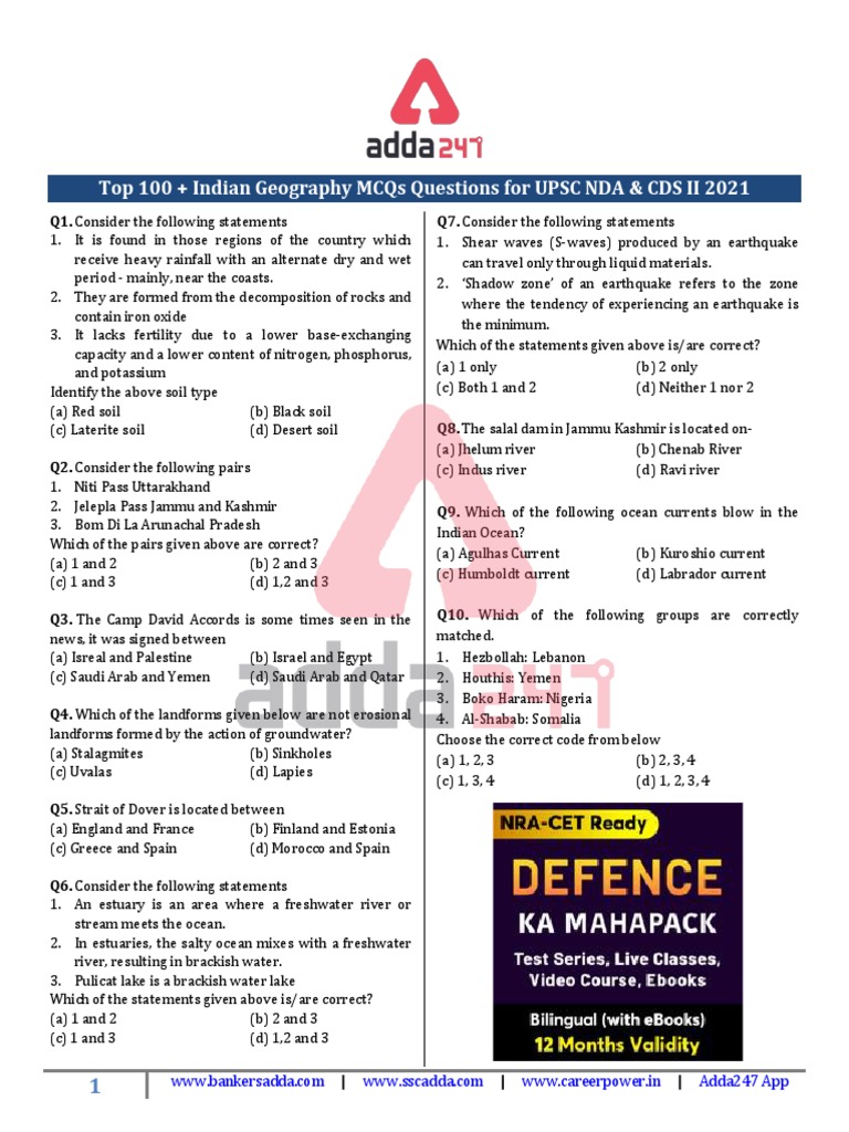 Top 100 Indian Geography MCQs Questions For UPSC NDA CDS II 2021 PDF | PDF | Wound | Atmospheric ...