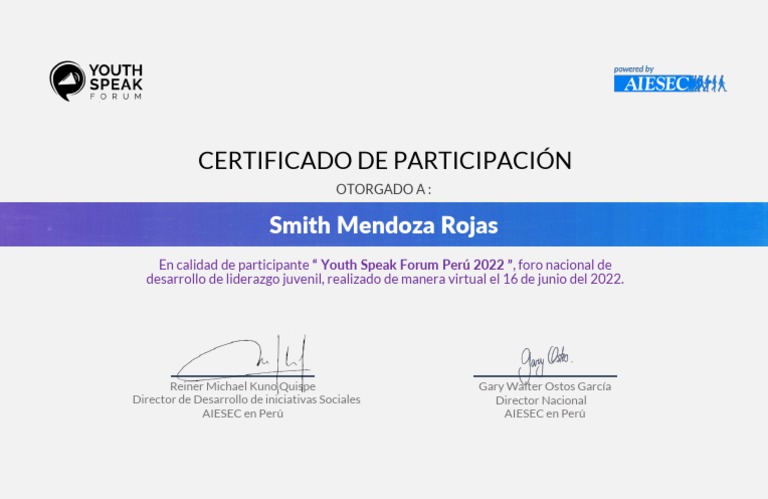 Certificado de AIESEC a Smith Quispe | PDF