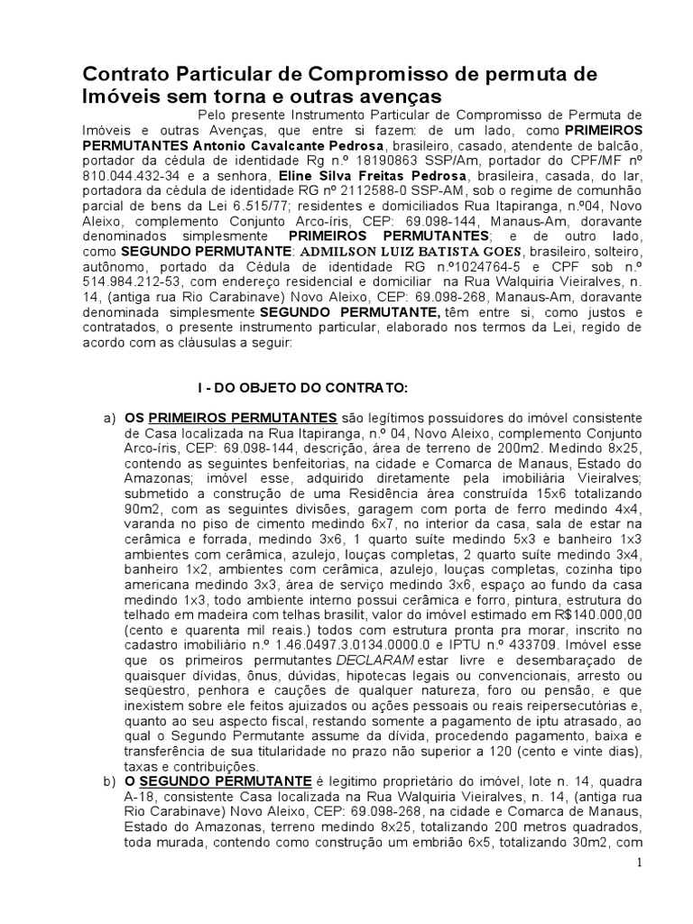 Permuta de Imóveis em Manaus: Contrato Detalhado | PDF | Direito