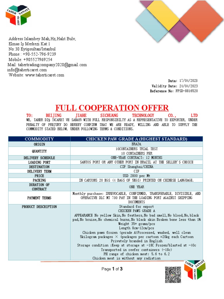 Chicken Paw Export Offer to China | PDF | Letter Of Credit | Economies